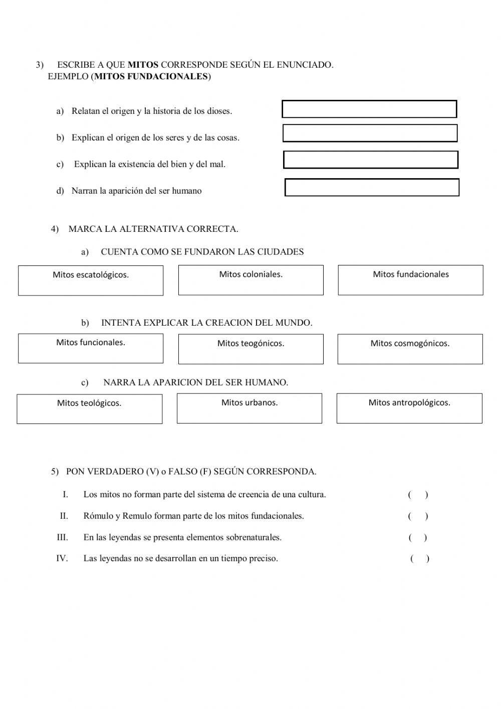 Mito y leyenda worksheet | Live Worksheets