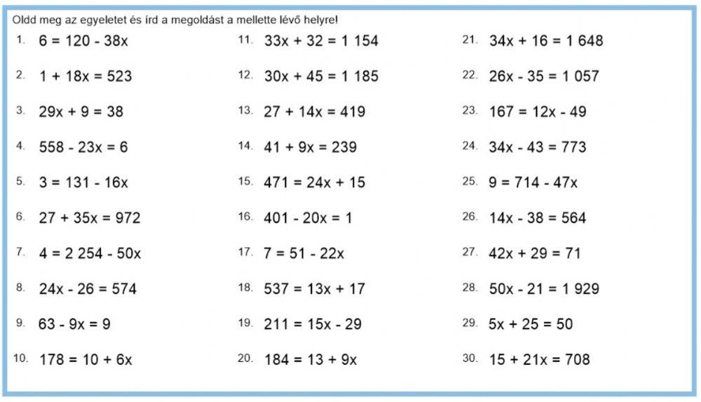 Elsőfokú egyenletek megoldása interactive worksheet | Live Worksheets