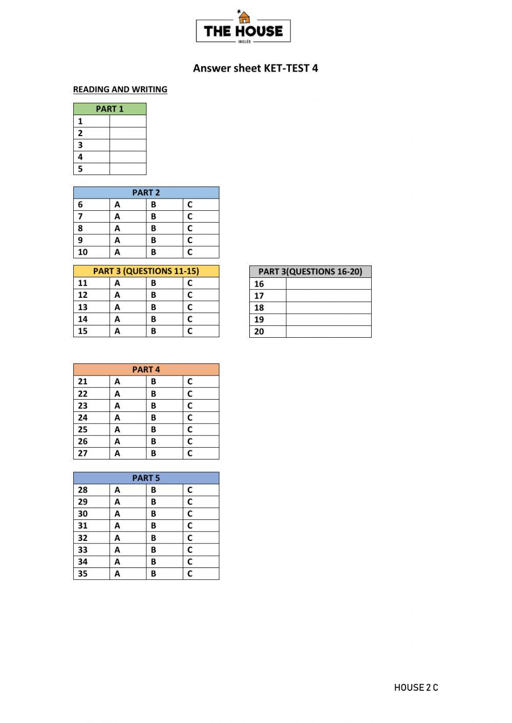 Answer sheet test 3 ket CUP 4 worksheet | Live Worksheets
