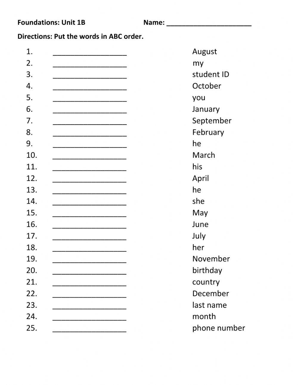 Foundations ABC Unit 1B worksheet | Live Worksheets