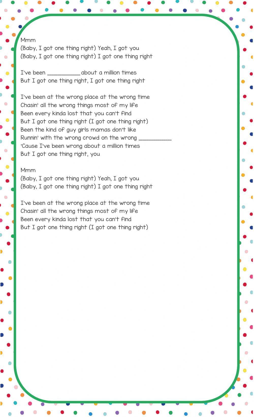 Kane Brown ft. Marshmello - One Thing Right worksheet | Live Worksheets