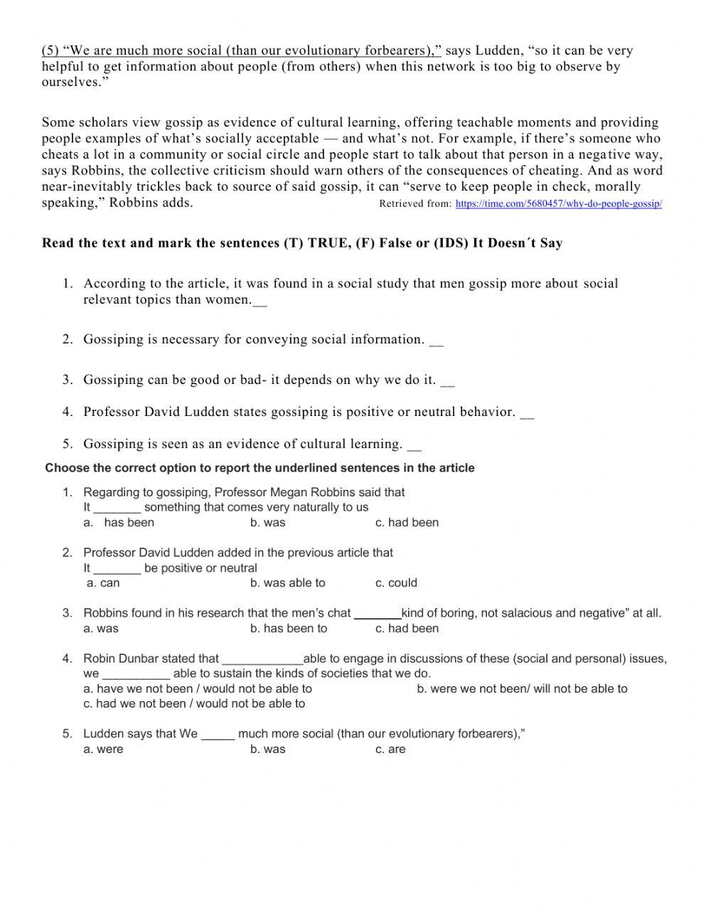 Reported Speech-reading comprehention exercise online exercise for ...