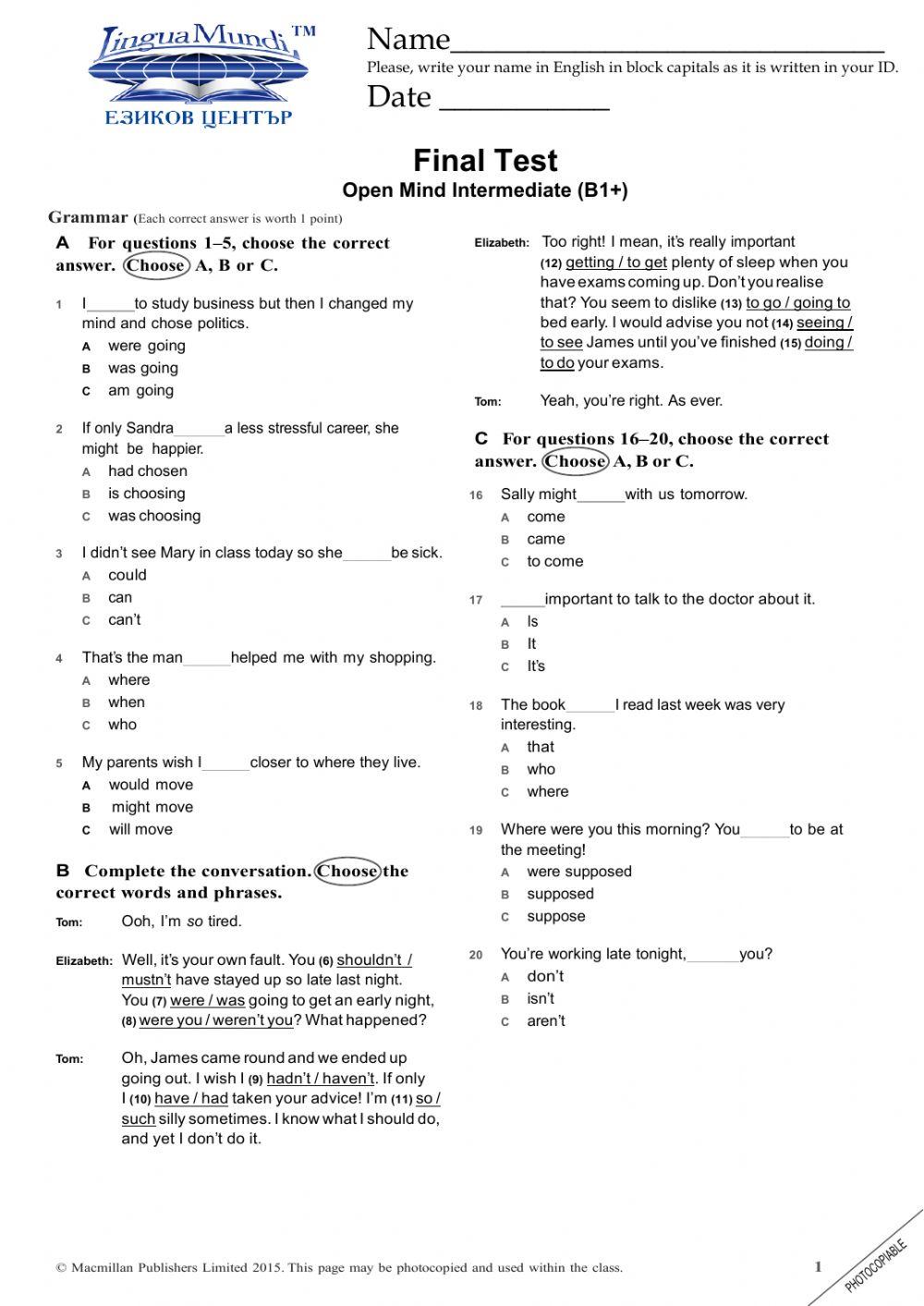 5908124 | Open Mind Intermediate End-of-course test