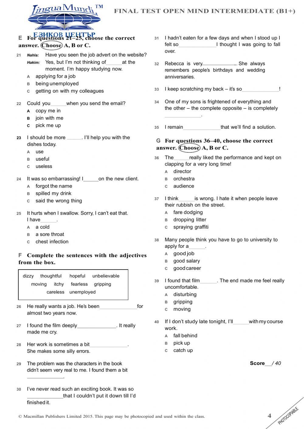 5908124 | Open Mind Intermediate End-of-course test