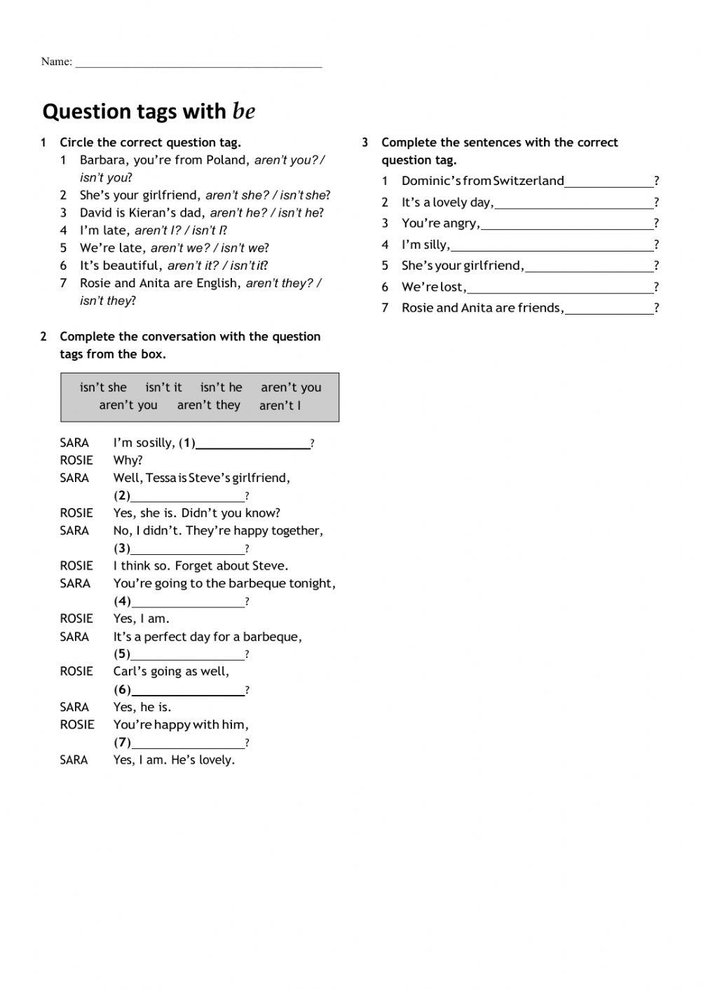 Tag questions interactive activity for 12 | Live Worksheets