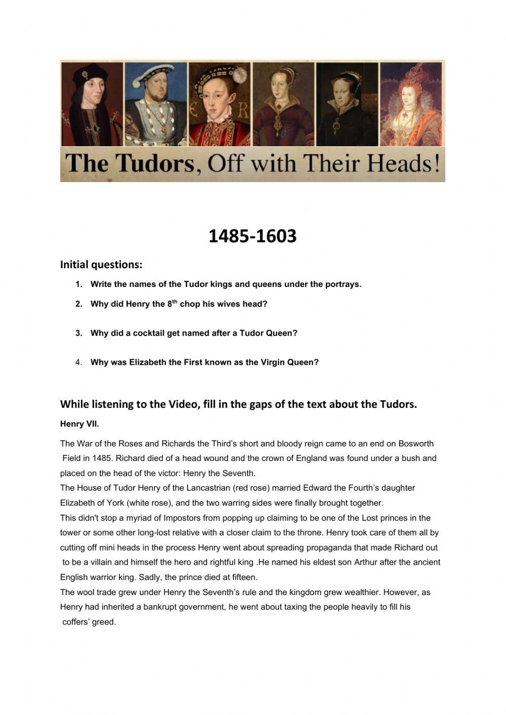 Tudor England | Free Interactive Worksheets | 311243
