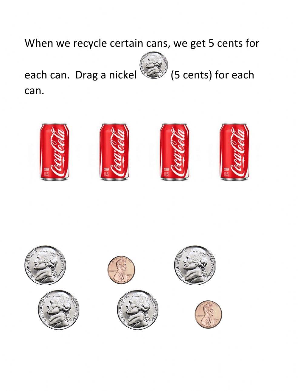Drag Nickel for recycling cans worksheet | Live Worksheets