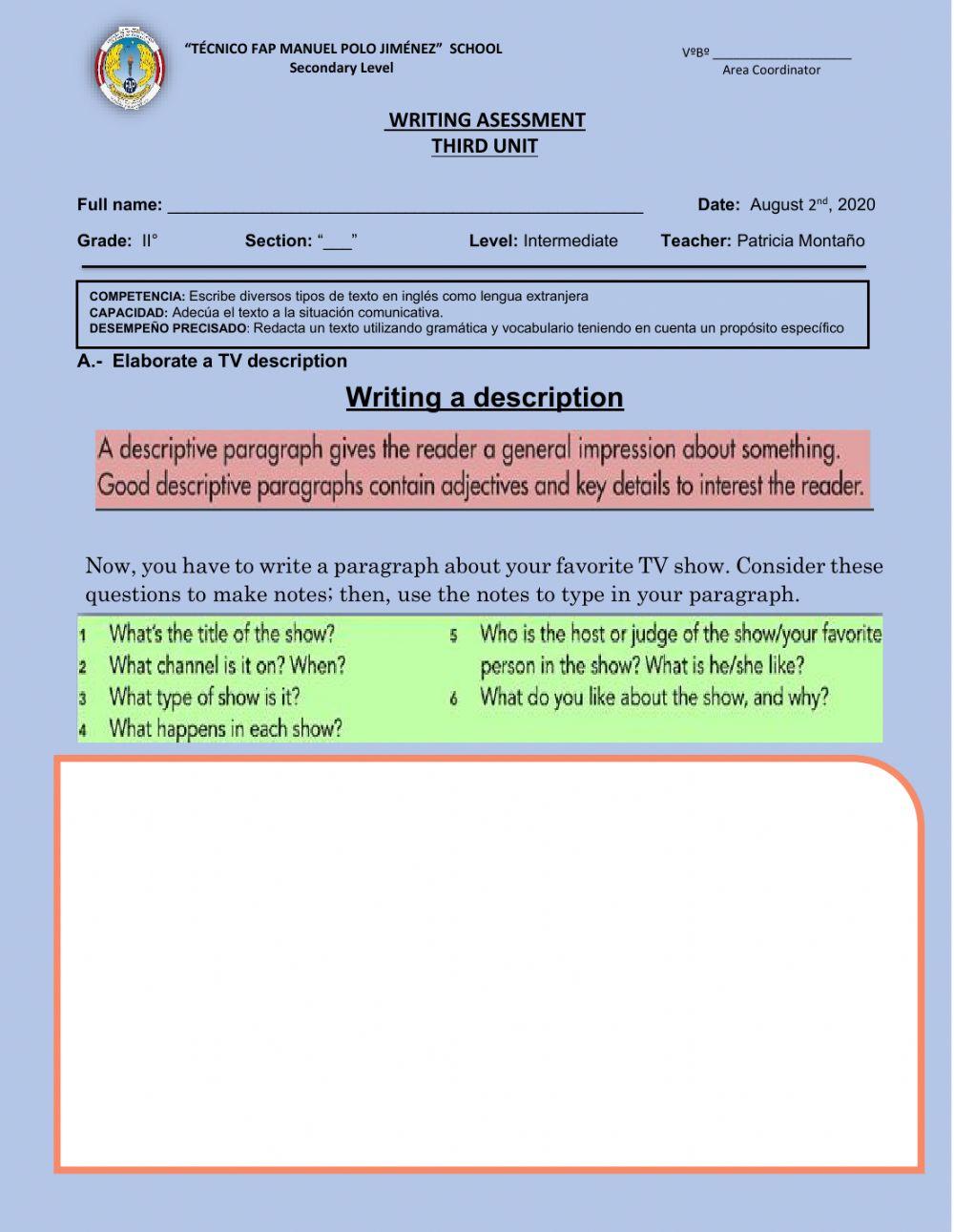 A tv description worksheet | Live Worksheets