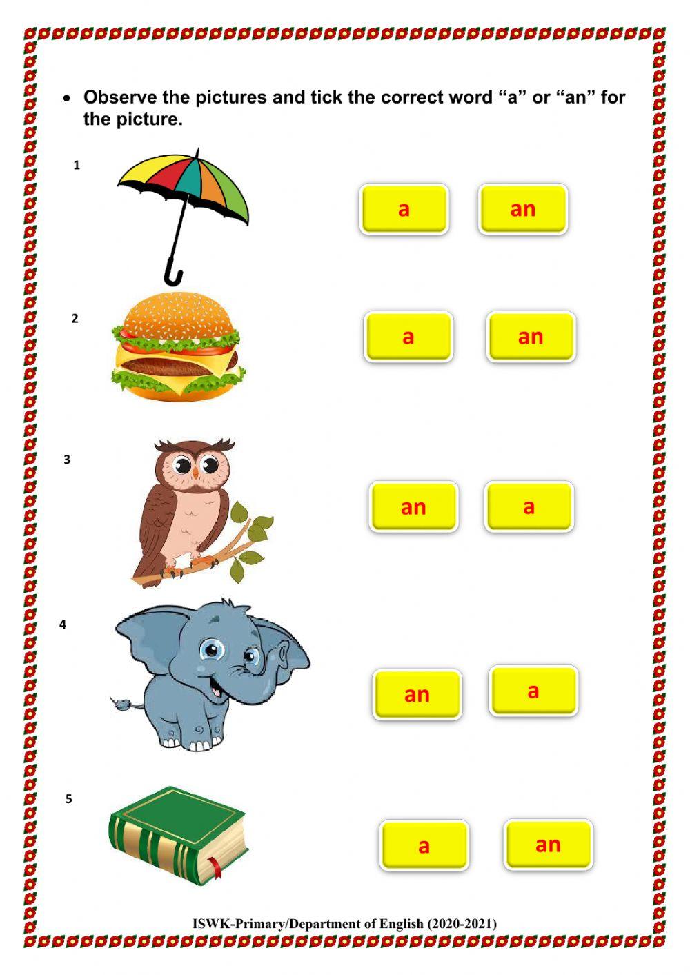 Naming words-Articles interactive worksheet | Live Worksheets