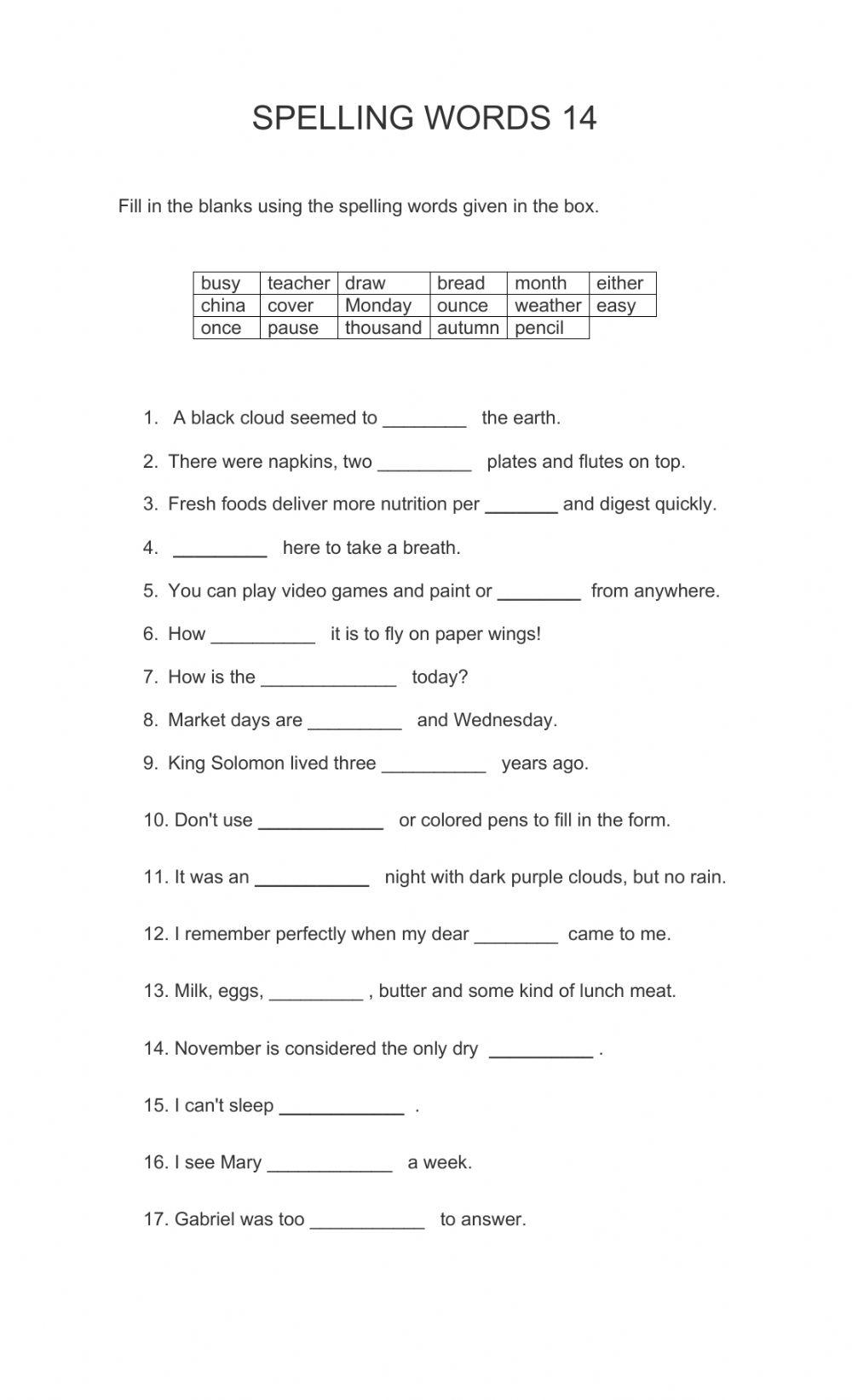 Spelling List -14 worksheet | Live Worksheets