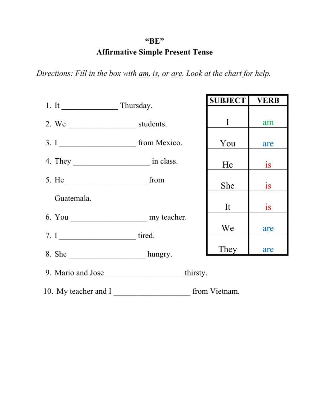 Affirmative BE Present Tense worksheet | Live Worksheets
