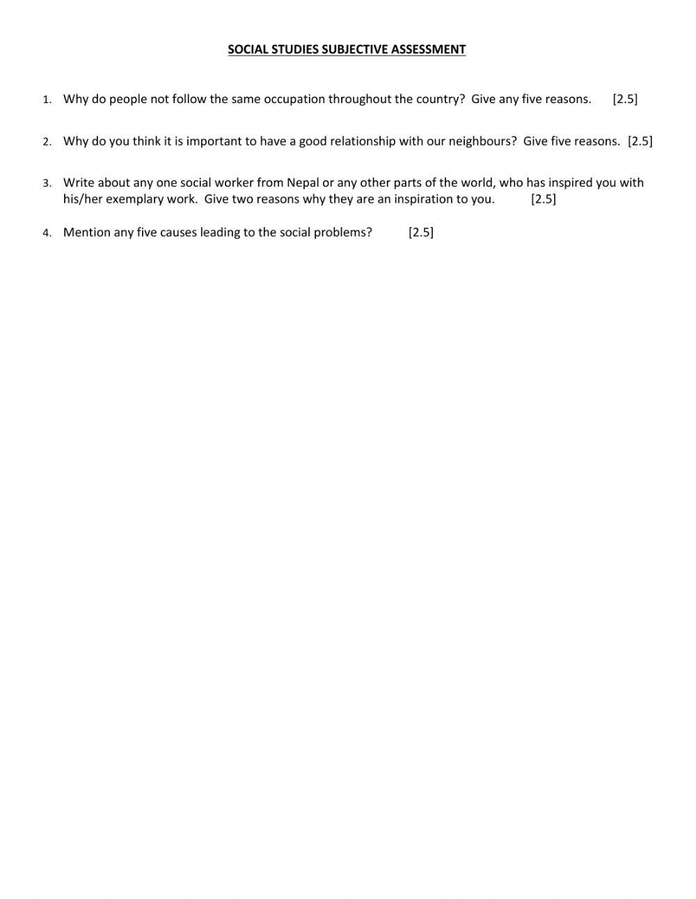 Social Studies 1st Unit Subjective Assessment worksheet | Live Worksheets