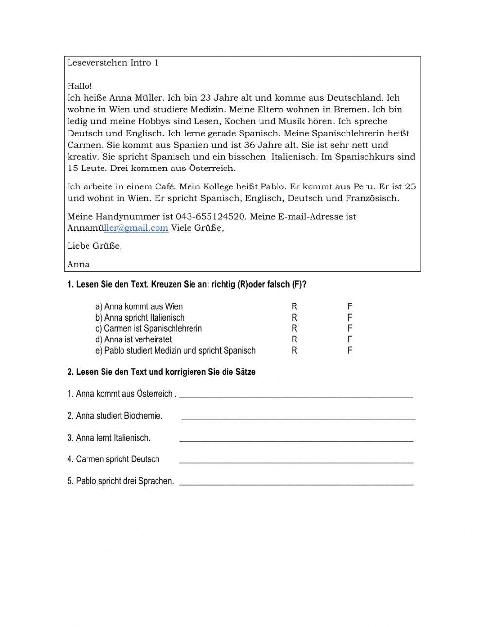 Leseverstehen 1 online exercise for | Live Worksheets