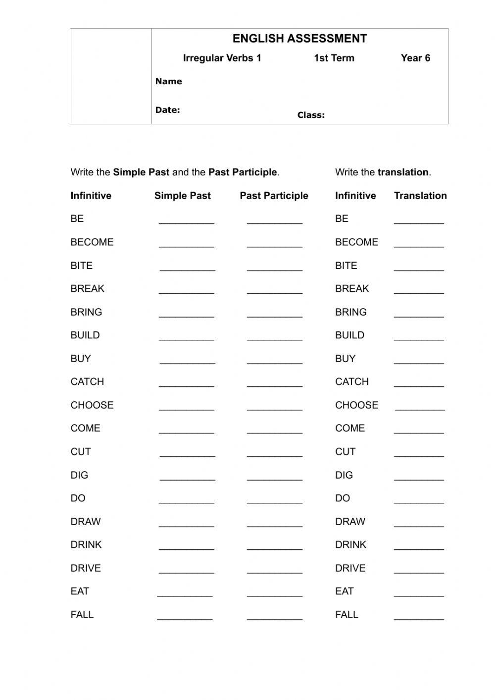 Irregular verbs 1 exercise for grade 6 | Live Worksheets
