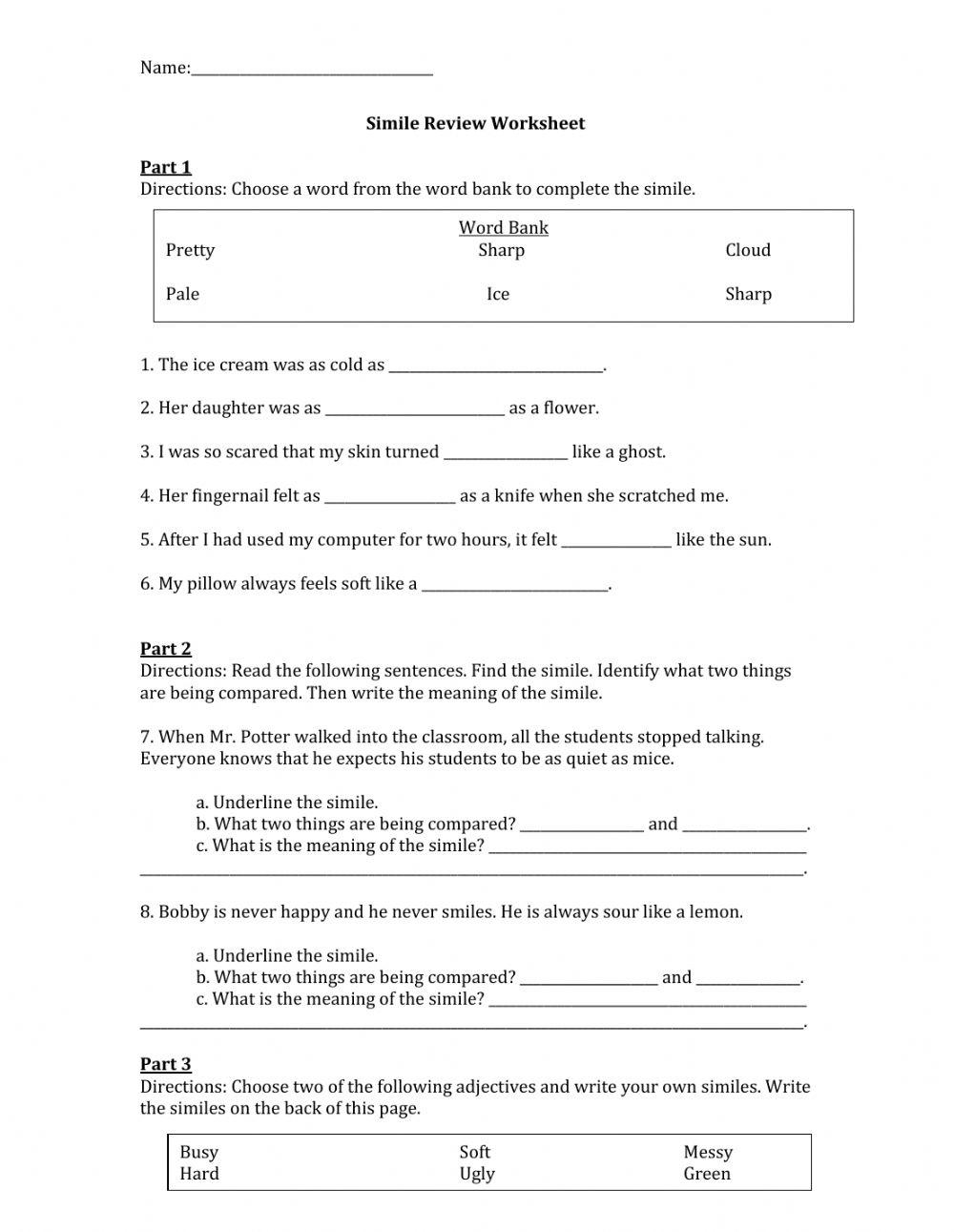 Similes exercise | Live Worksheets