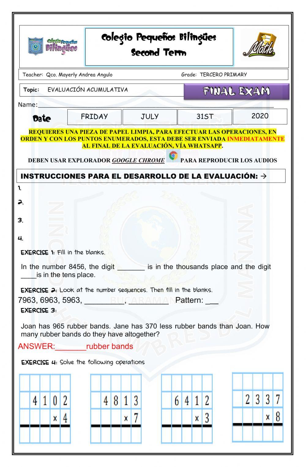 Final exam -second term third grade-2020 314099