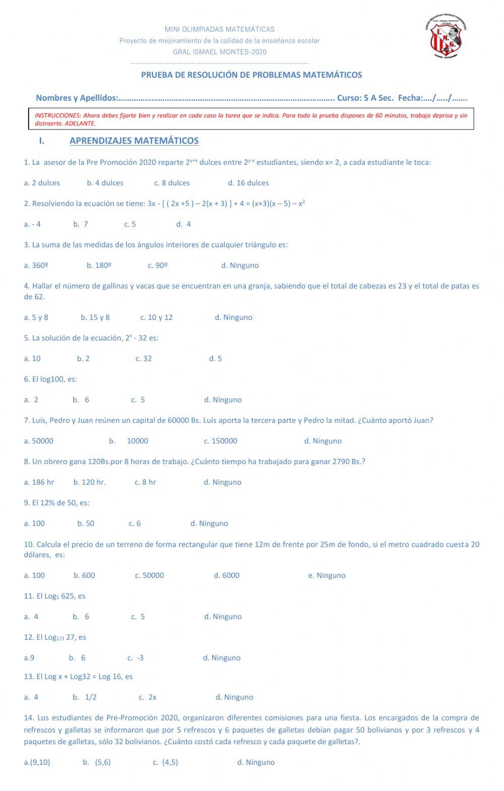Nini olimpiadas de matemáticas worksheet | Live Worksheets
