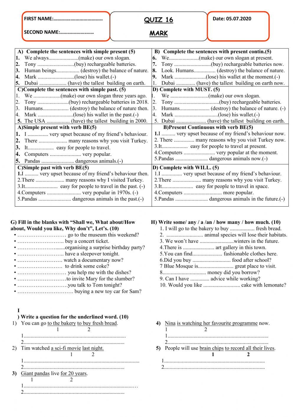 Quiz 16 worksheet | Live Worksheets