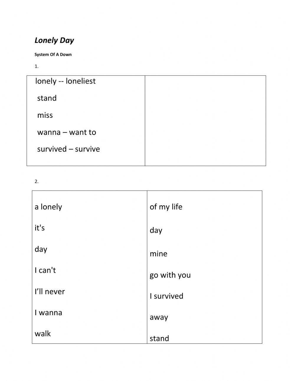 Lonely Day Worksheet 295503 | KseniaLem | Live