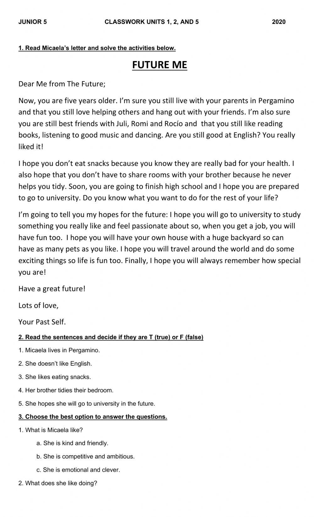 Classwork Junior 5 worksheet | Live Worksheets