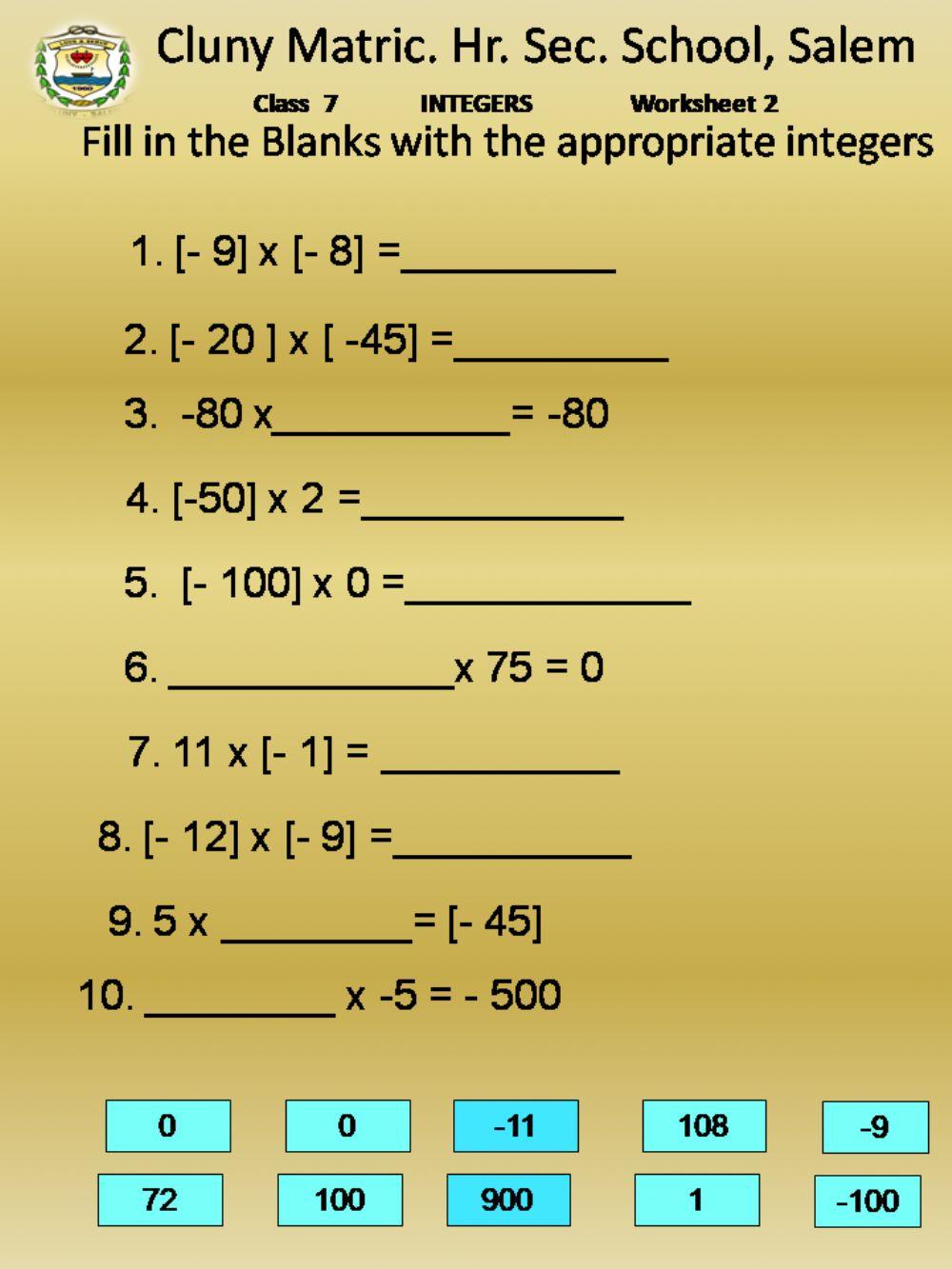 Integers Worksheets Grade 7