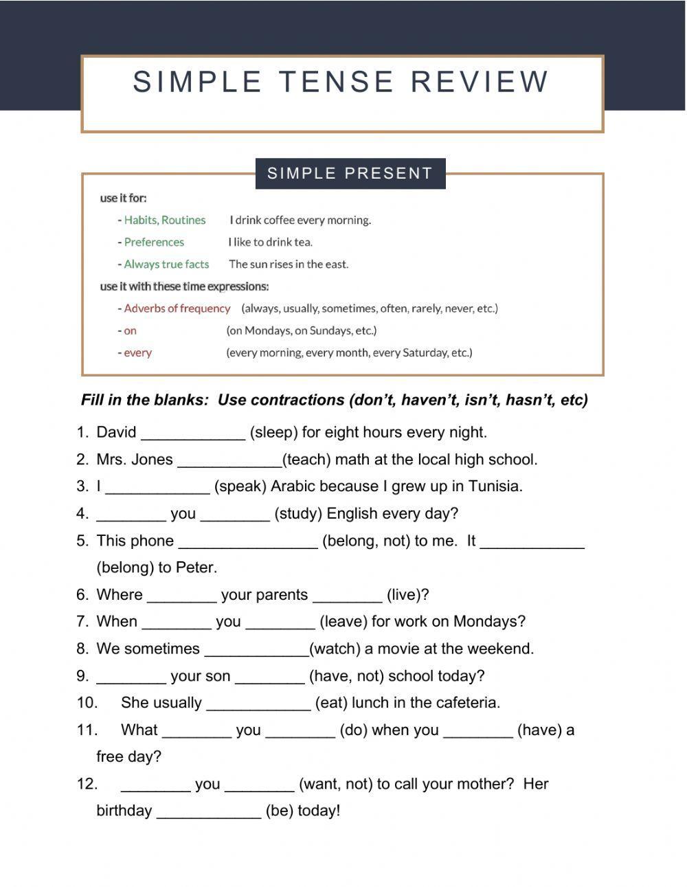Simple Verb Tense Review worksheet | Live Worksheets