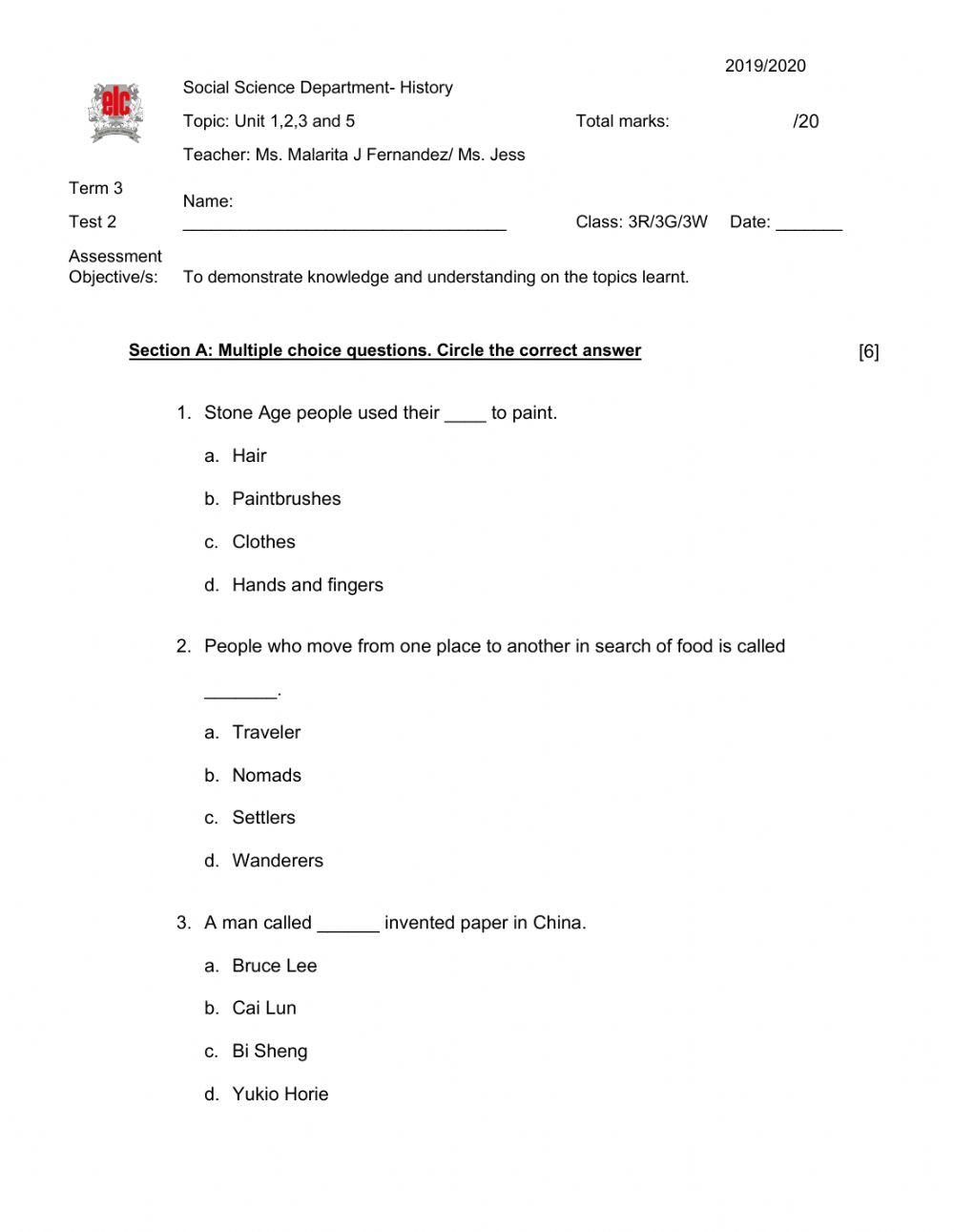 5882019 | Term 3 History test 2- Year 3 | Rita Fernandez