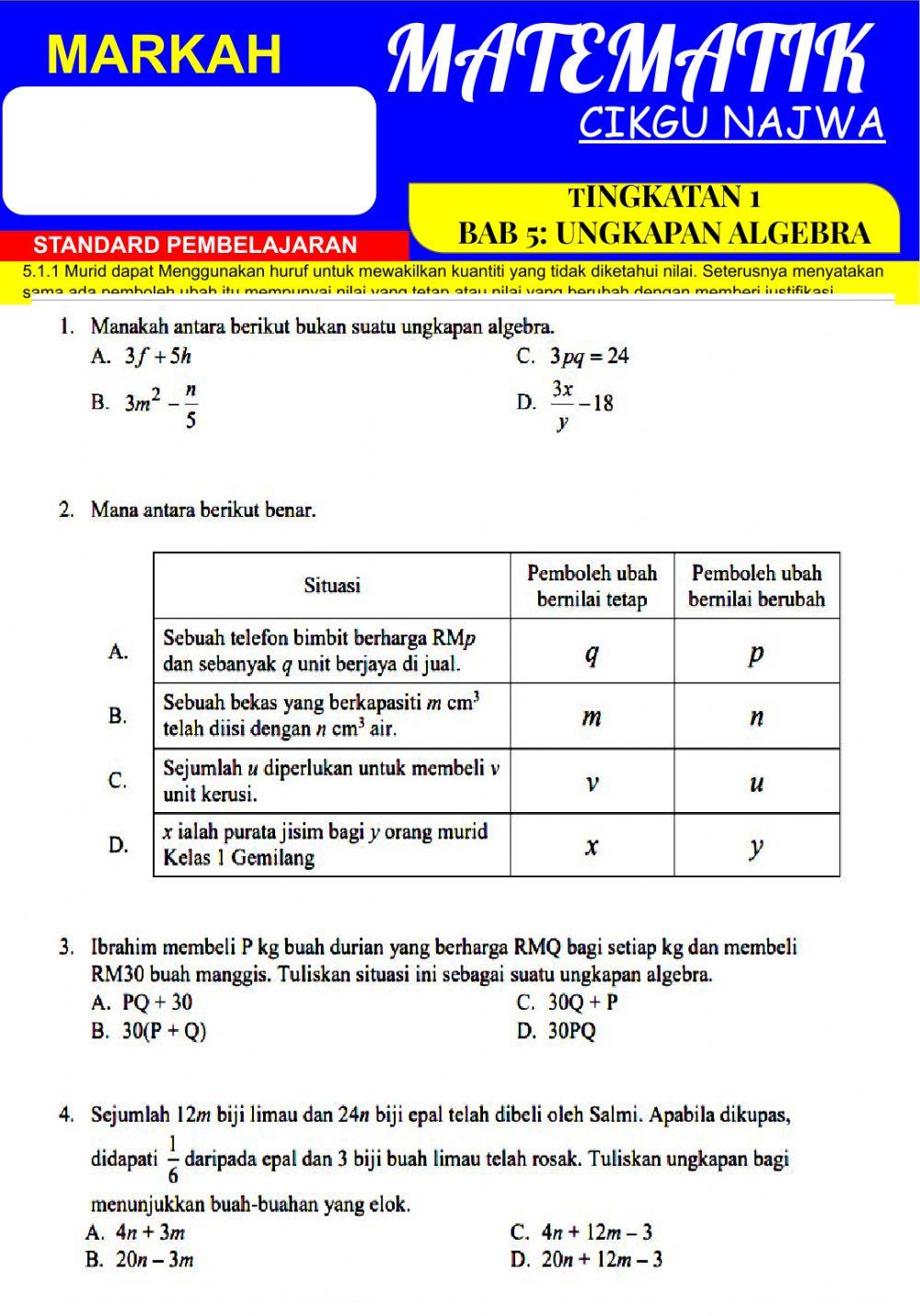 ungkapan algebra (tingkatan 1) 5883373 | NajwaAziz | Live