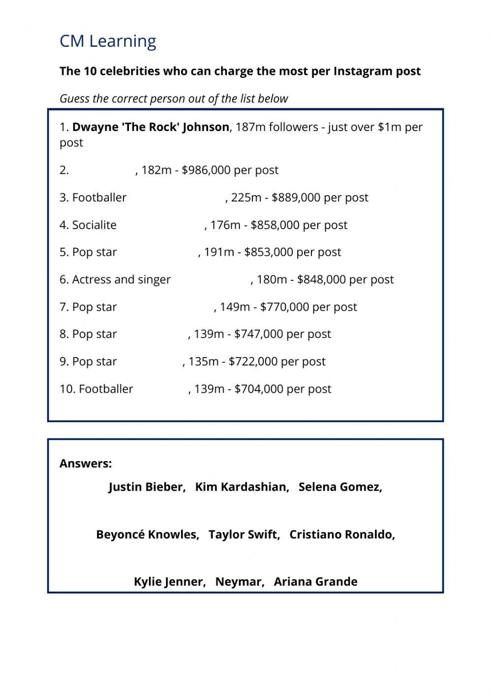 Instagram Rich List worksheet | Live Worksheets