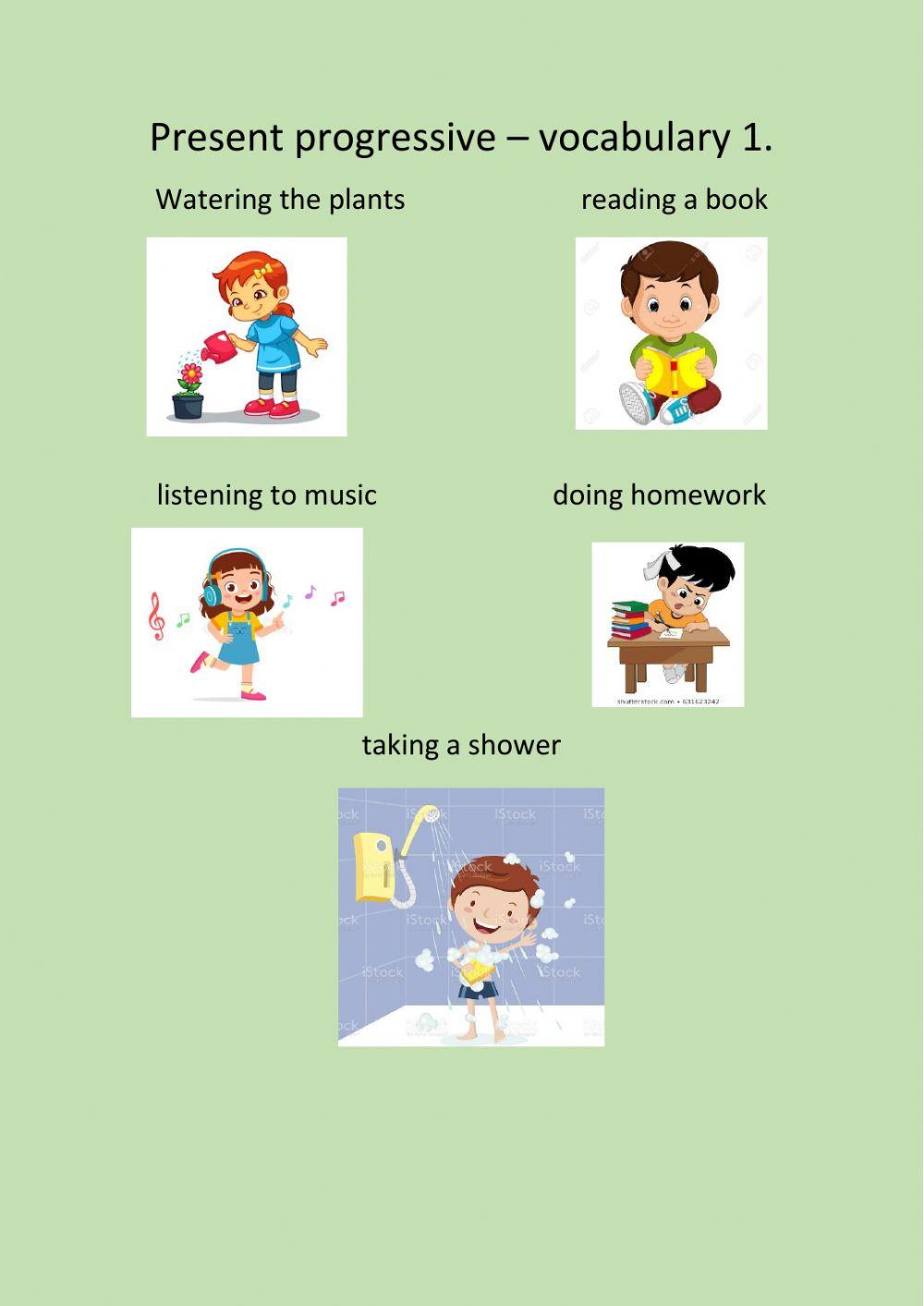 Review present progressive vocabulary 1 worksheet | Live Worksheets