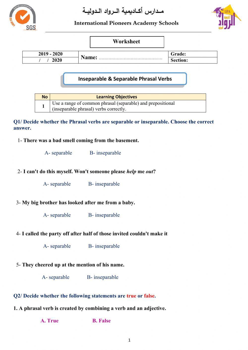 Separable Phras… | Free Interactive Worksheets | 314781