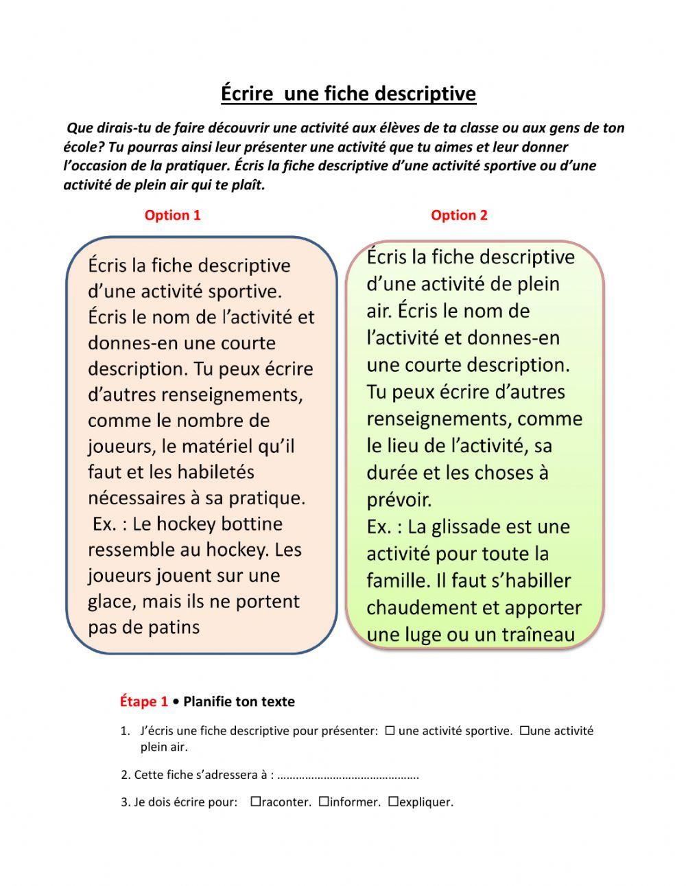 Écrire une fiche descriptive worksheet | Live Worksheets
