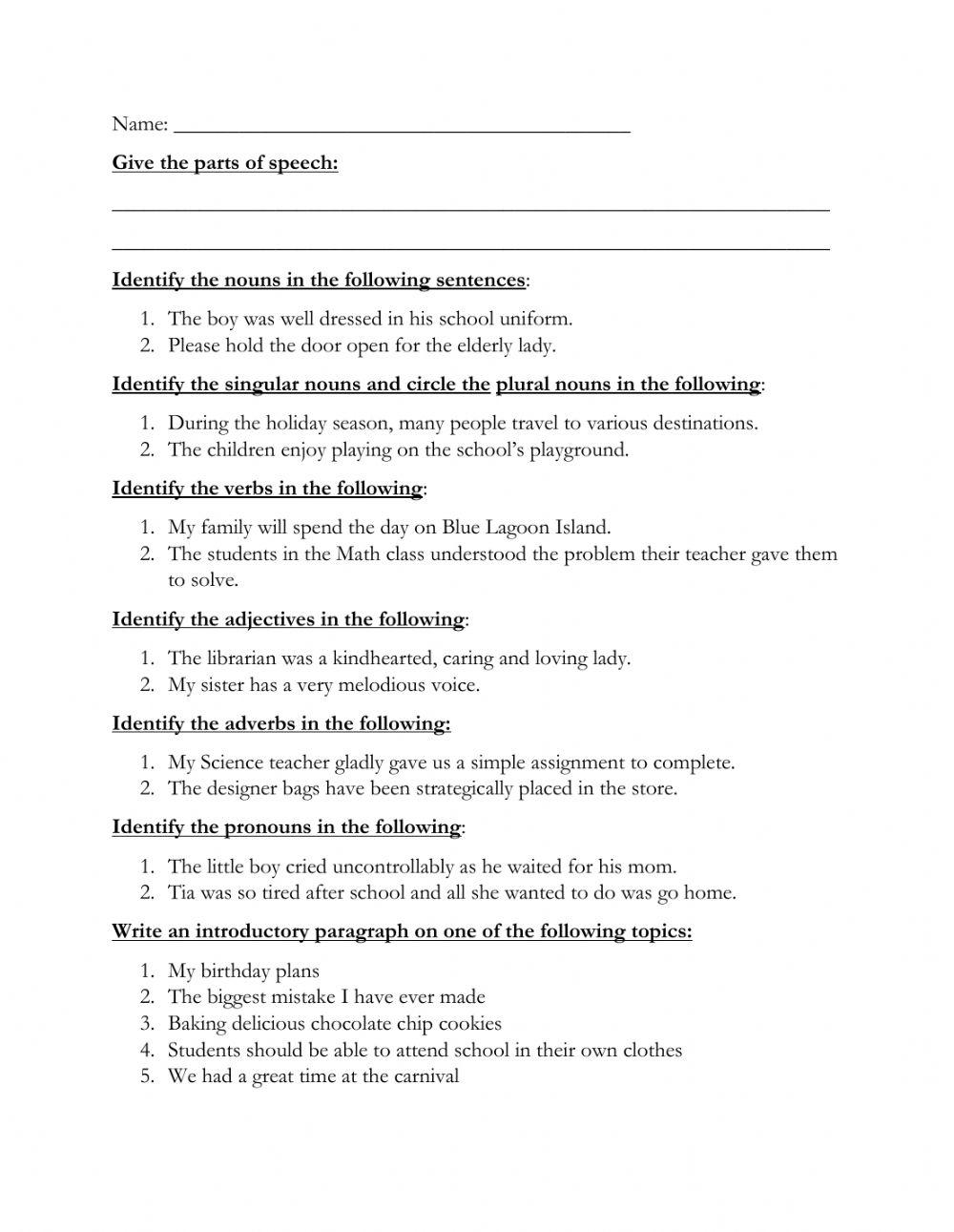 LIVEWORKSHEET PARTS OF SPEECH AND PARAGRAPH WRITING