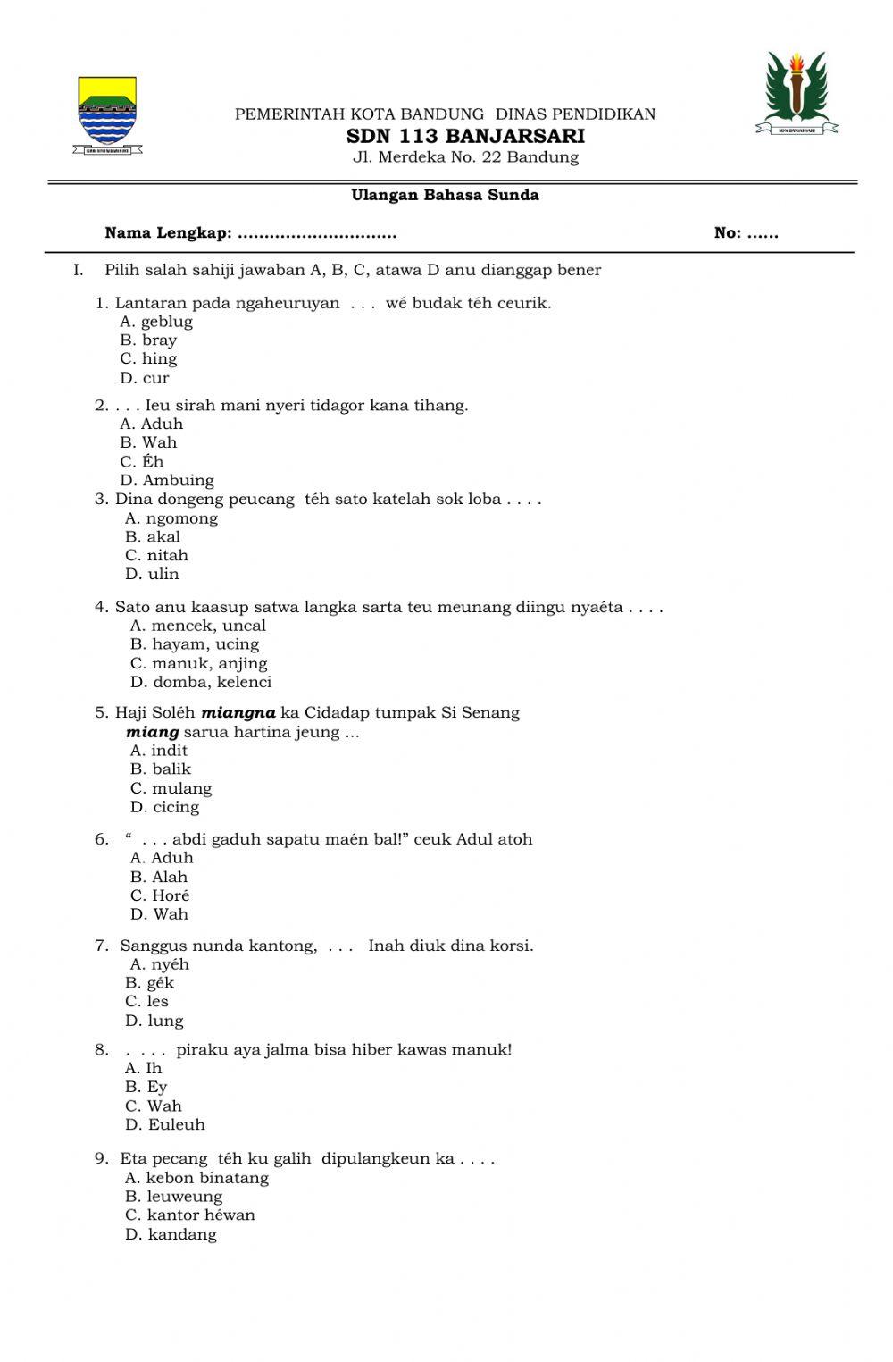Ulangan Bahasa Sunda I interactive worksheet | Live Worksheets