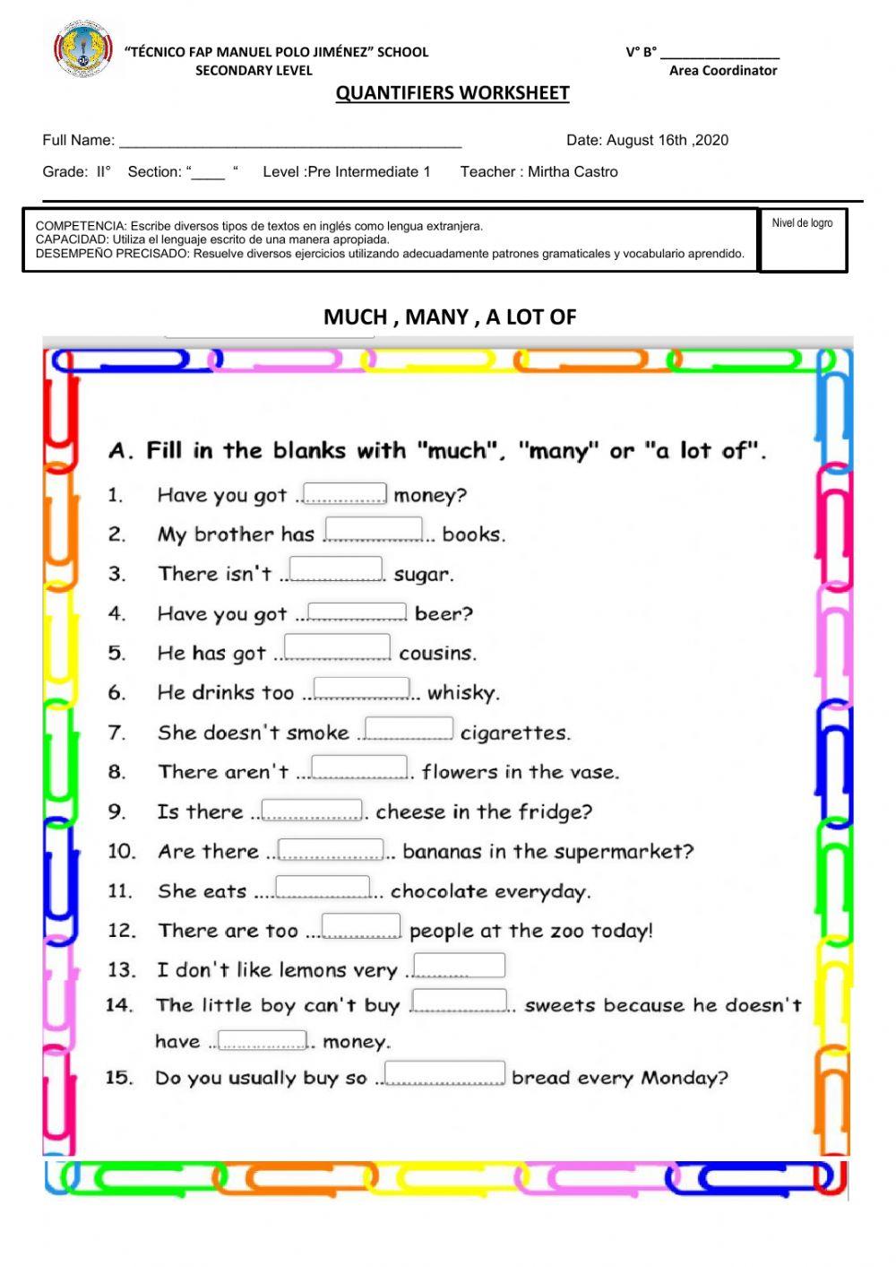QUANTIFIERS MUCH, MANY , A LOT OF 5942873 | mirtha17