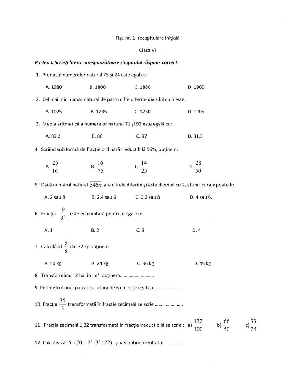 fisa nr.2 clasa VI, recapitulare initiala worksheet | Live Worksheets