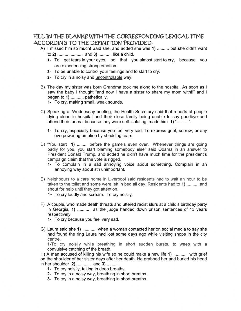 Cry worksheet | Live Worksheets