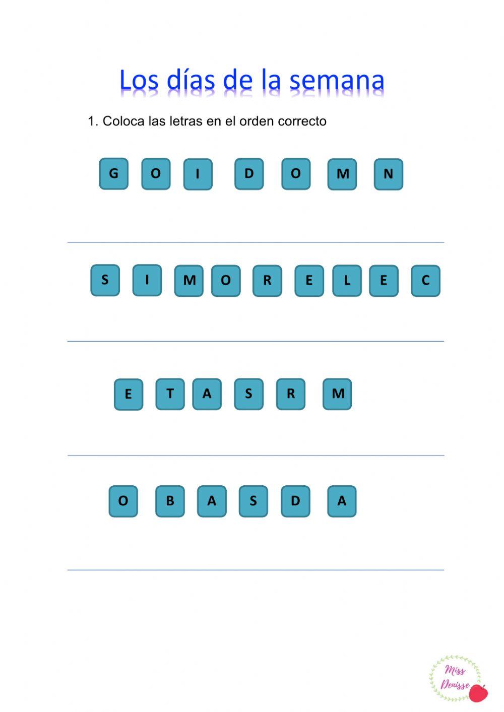 Días de la semana online pdf activity for grado 1 | Live Worksheets