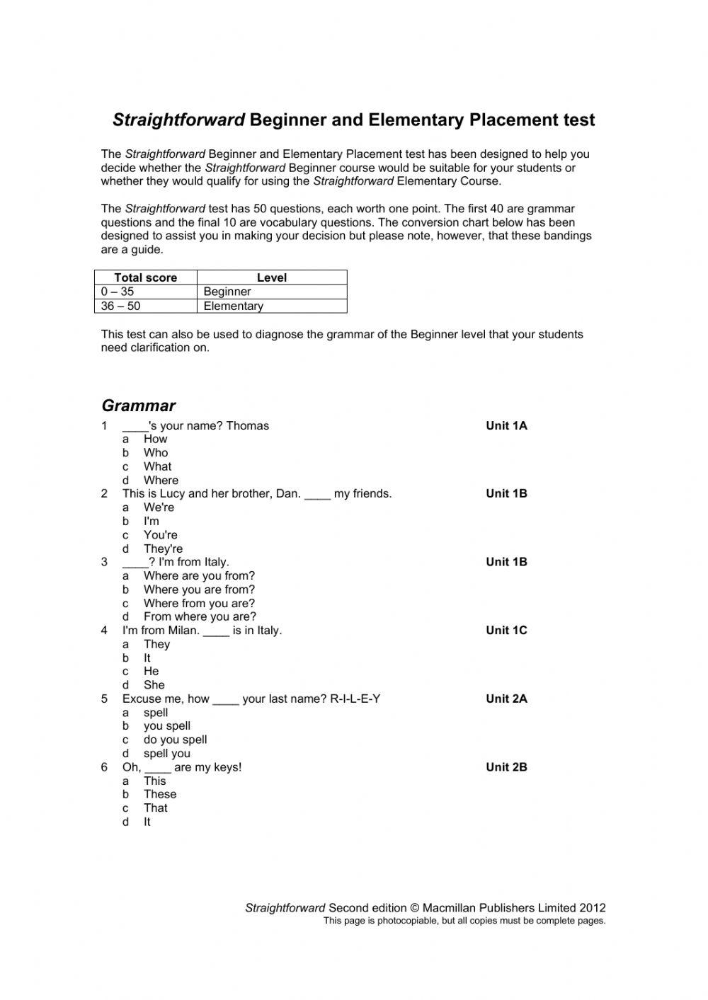 Placement test … | Free Interactive Worksheets | 5947066