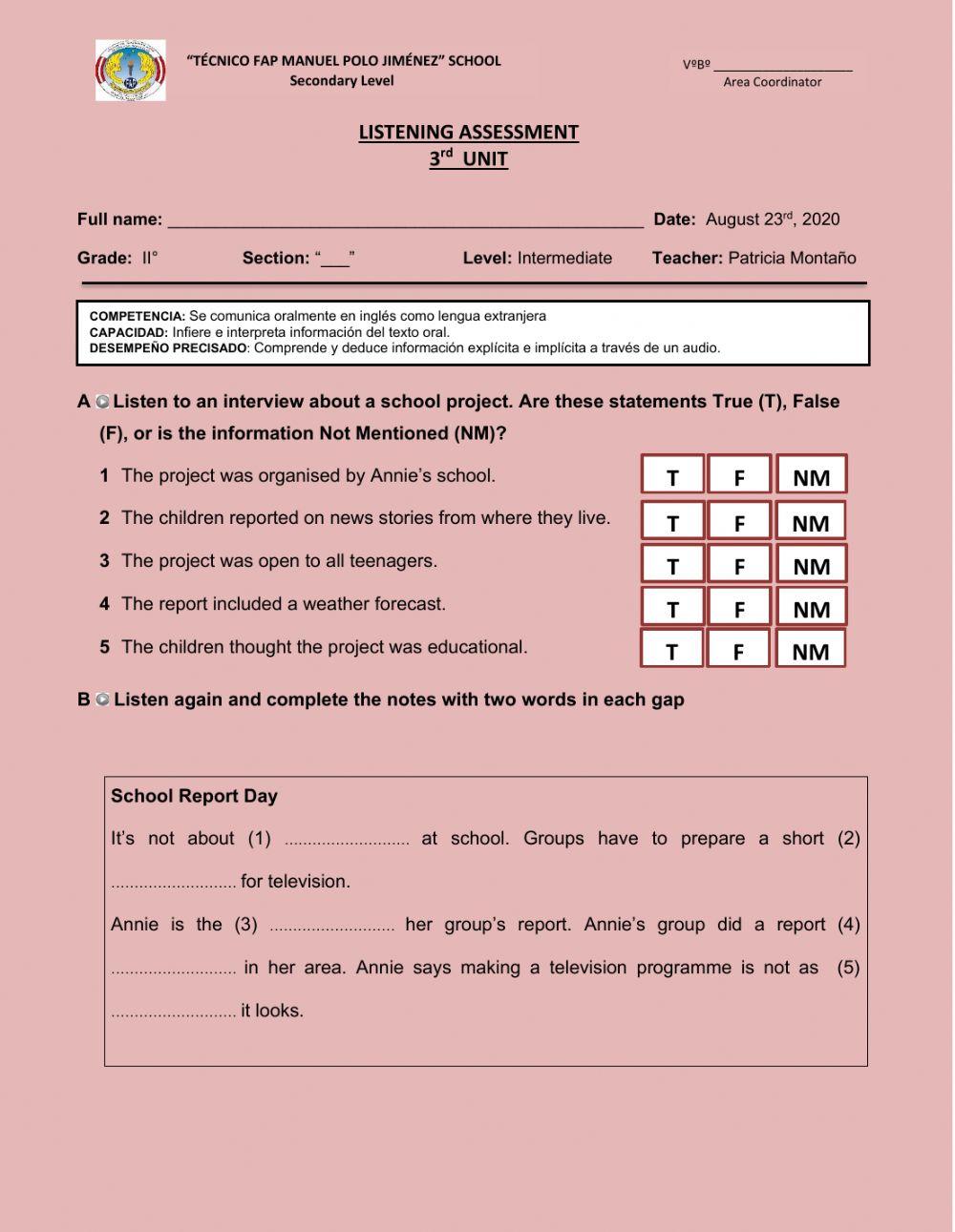 Listening test online pdf worksheet | Live Worksheets