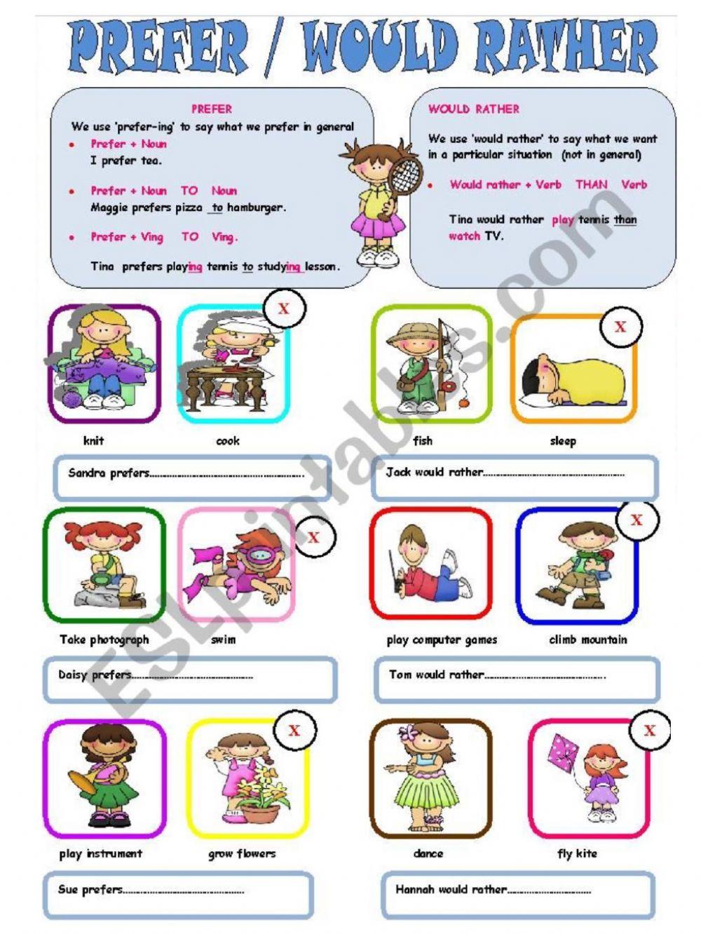 Would rather and prefer to online exercise for | Live Worksheets