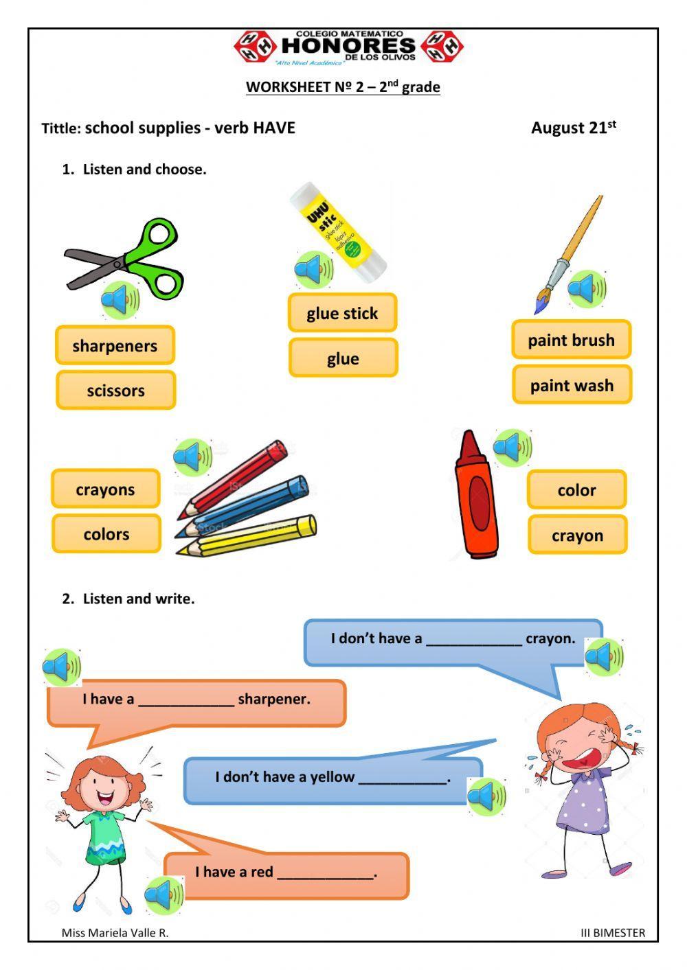 School supplies online pdf worksheet | Live Worksheets