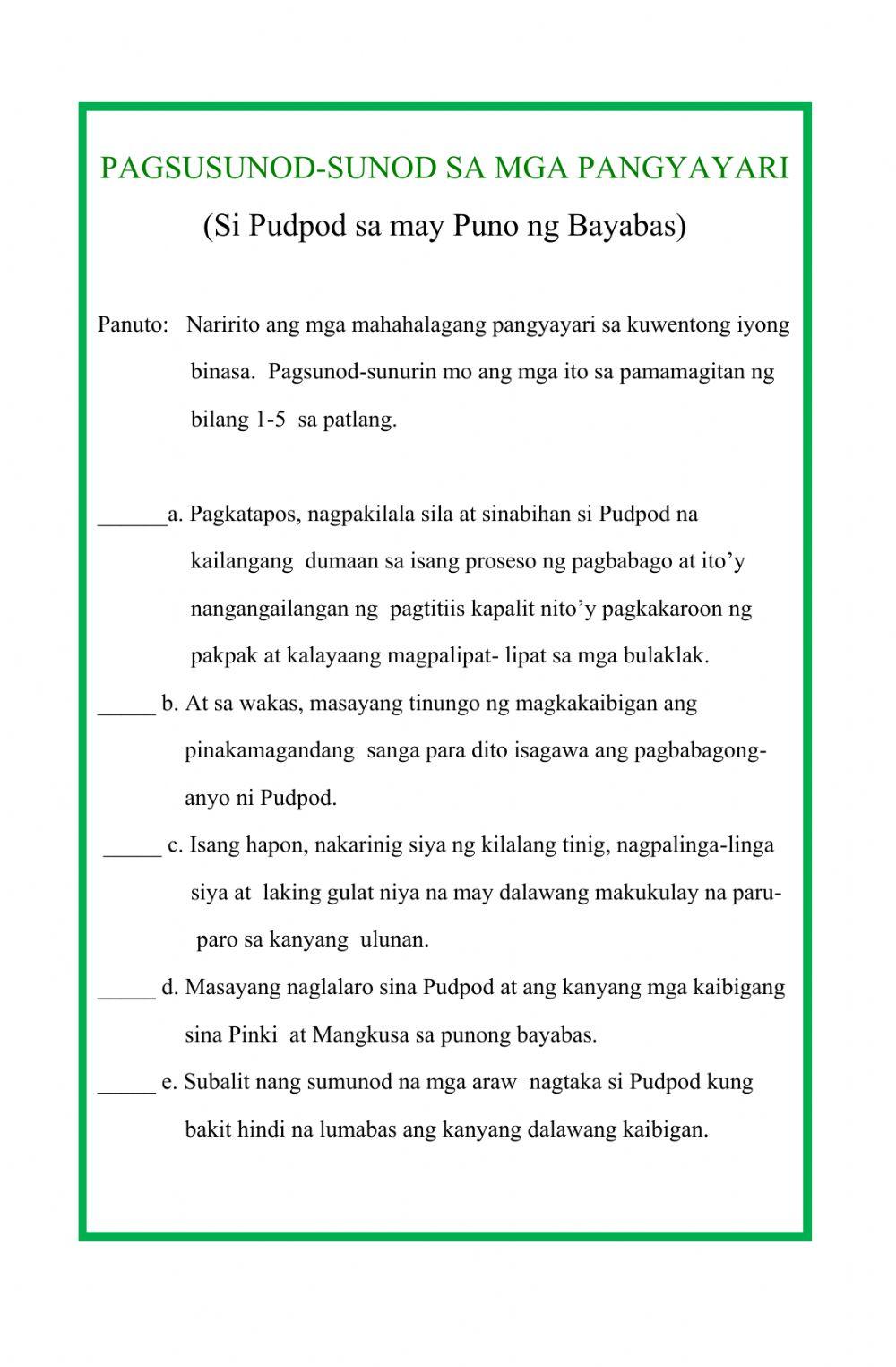 Pagsusunod-sunod ng mga Pangyayari - Si Pudpod sa may Puno ng Bayabas ...