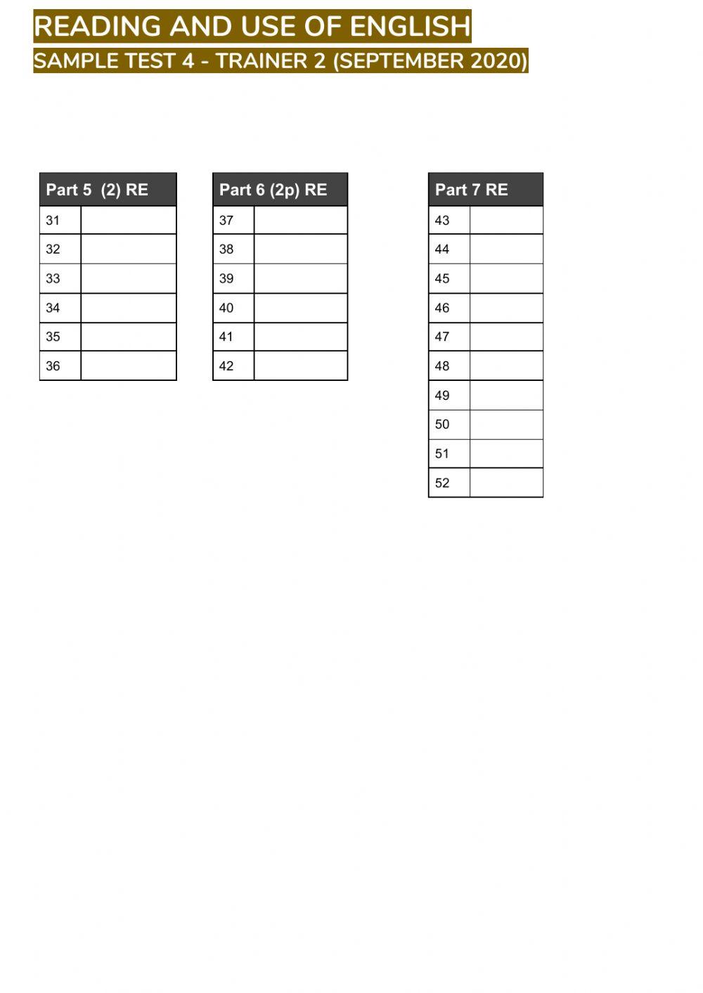 FCE practice test September (trainer PT4) worksheet | Live Worksheets