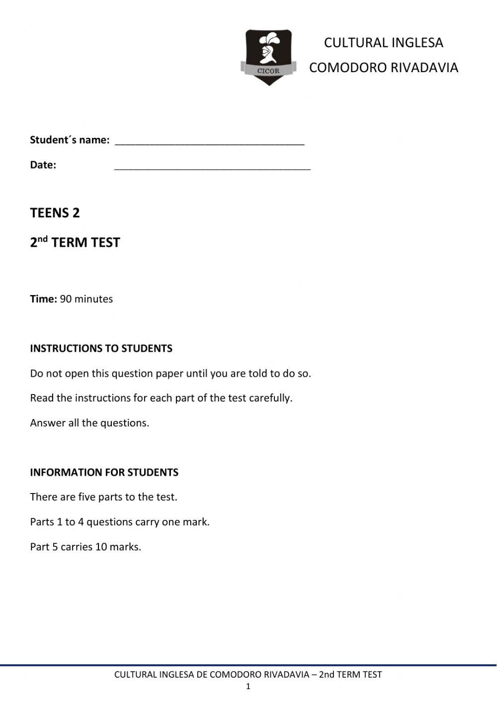 Teens 2: 2nd Term Test worksheet | Live Worksheets