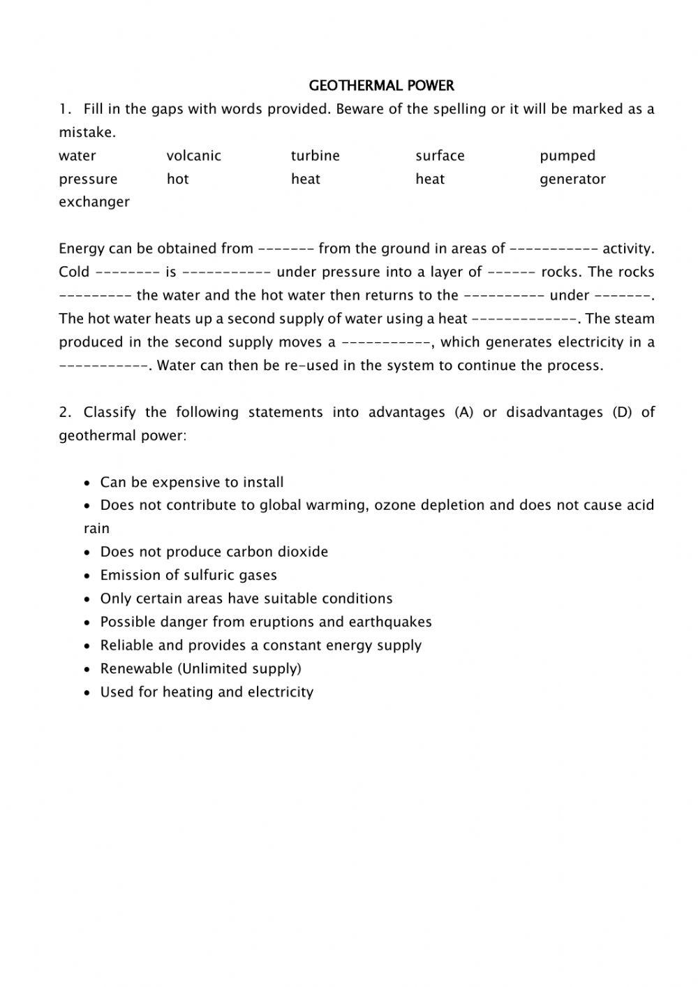 Geothermal power | Free Interactive Worksheets | 334328