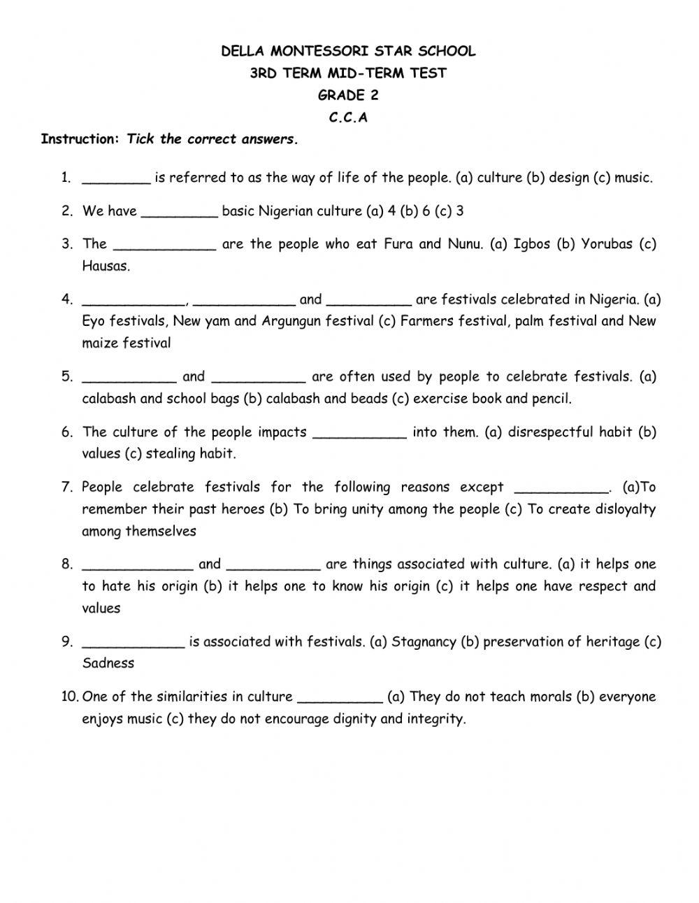 Grade 2 CCA test worksheet | Live Worksheets
