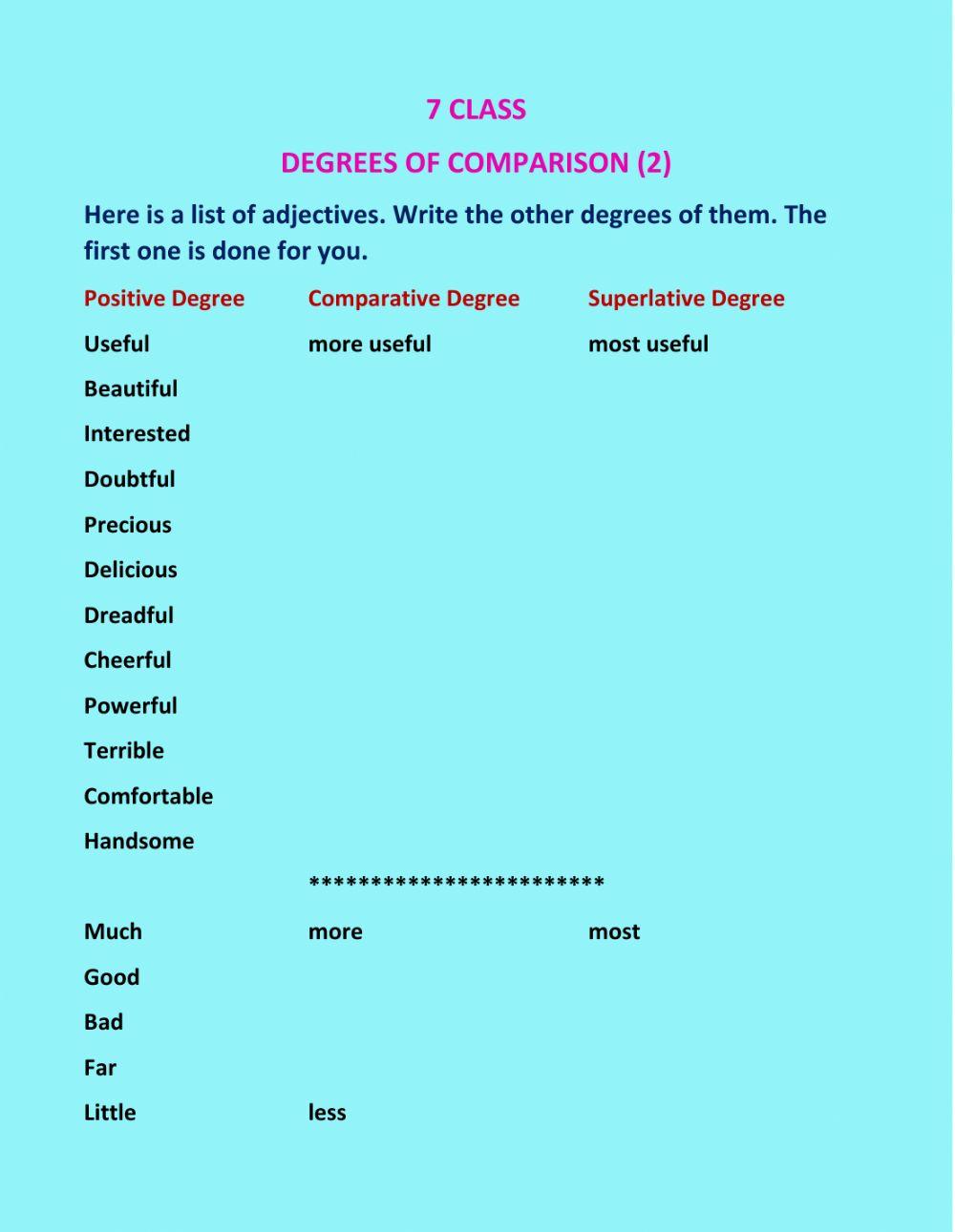 7 class comparative degrees 2 worksheet | Live Worksheets