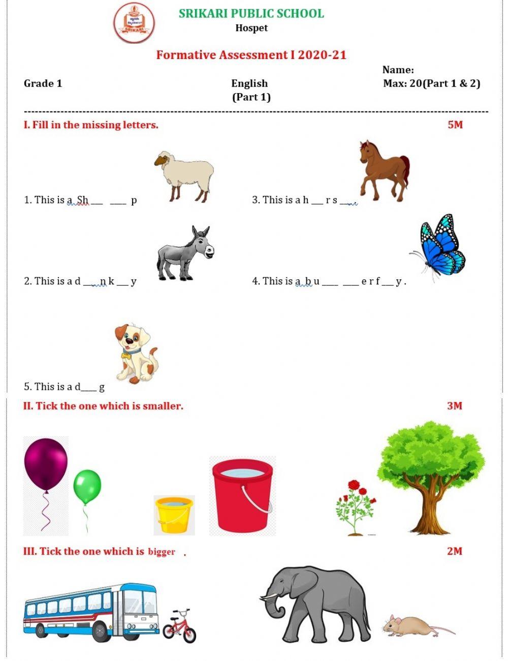 Srikari Public School I std English FA 1 Part 1 worksheet | Live Worksheets