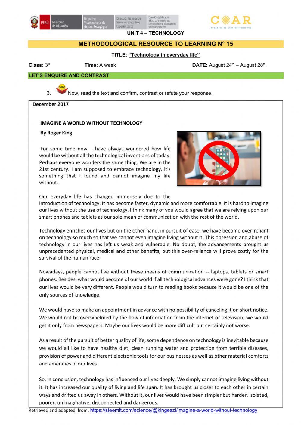 IMAGINE A WORLD WITHOUT TECHNOLOGY online exercise for | Live Worksheets